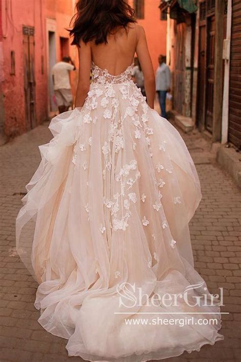 Spaghetti Strap Sweetheart Neck Beach Wedding Dresses 3d Appliqued