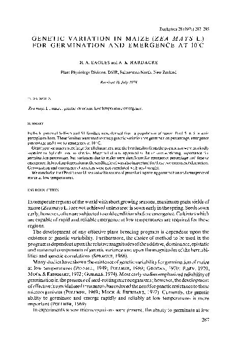 Genetic Variation In Maize Zea Mays L For Germination And Emergence