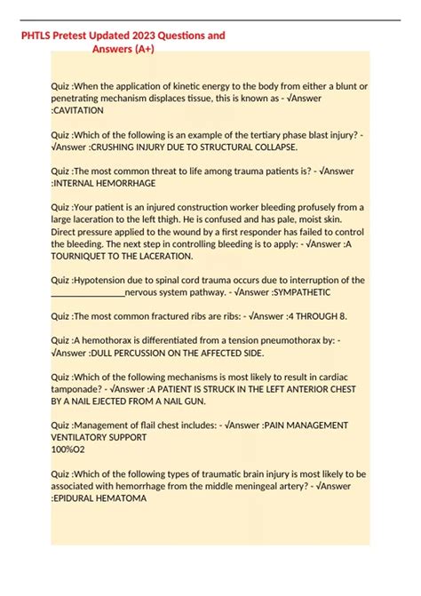 Phtls Pretest Updated 2023 Questions And Answers A Phtls Stuvia Us