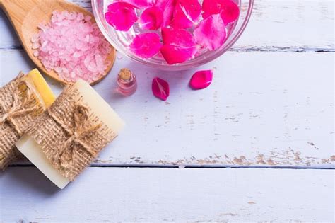 Premium Photo Spa Concept Sea Salt Rose Aroma Oil And Soap