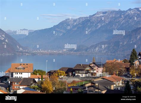 Lake Thun And Typical Switzerland Village Near Town Of Interlaken