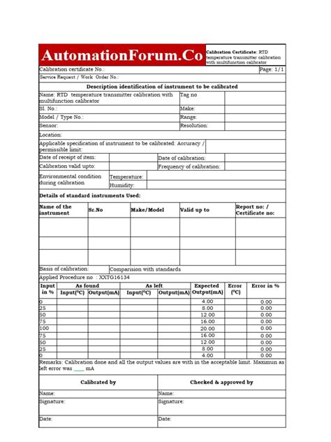 Rtd Temperature Transmitter Calibration Report Template Pdf