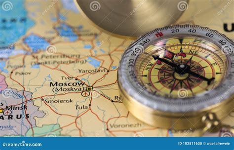 Compass On A Close Up Map Pointing At Moscow And Planning A Travel