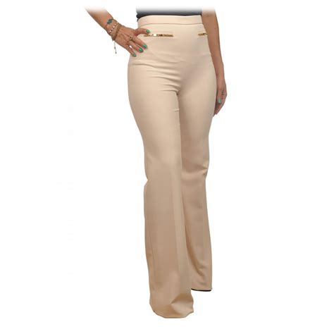 Elisabetta Franchi Palazzo Pants In Technical Fabric Cream Trousers Made In Italy