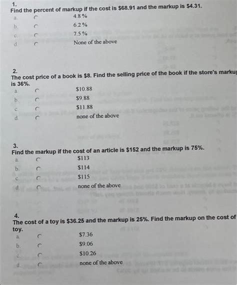 Solved Find The Percent Of Markup If The Cost Is Chegg