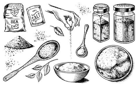 바다 소금 세트입니다 유리 병 포장 및 잎 나무 숟가락 분말 손에 향신료 빈티지 배경 포스터입니다 손으로 그린 스케치 일러스트레이션에 대한 스톡 벡터 아트 및 기타 이미지