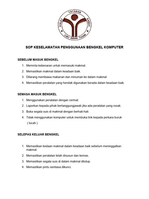 Sop Keselamatan Penggunaan Bengkel Komputer Pdf
