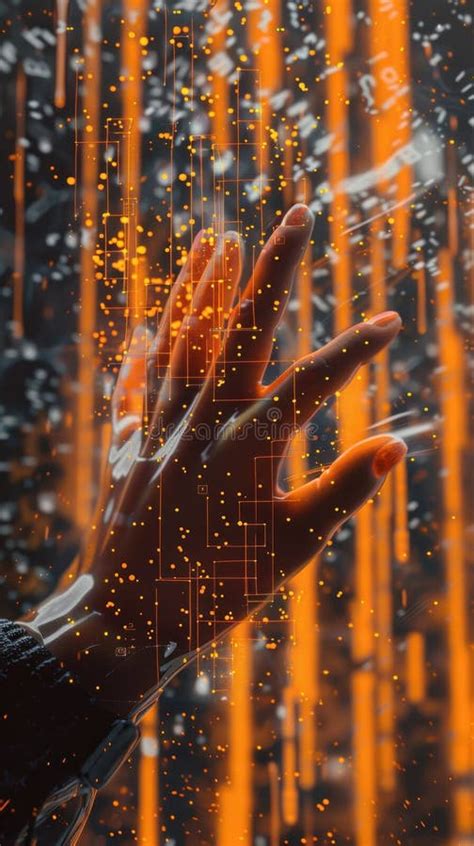 Illustrate A Scene Where A Hand Taps On An Orange Digital Screen That