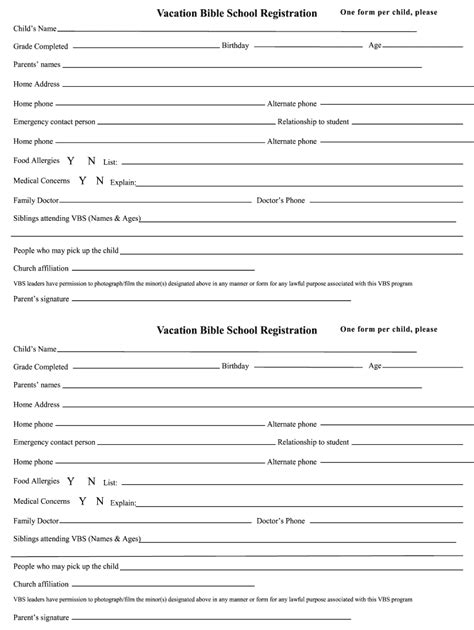 Vbs Printable Registration Forms Printable Forms Free Online