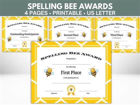 Spelling Bee Award Certificate Printable 4 Pages Including First