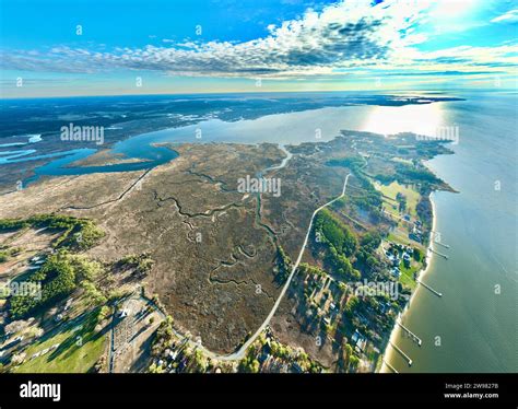 An Aerial View Of Princess Anne Maryland With Marshlands And Waterways