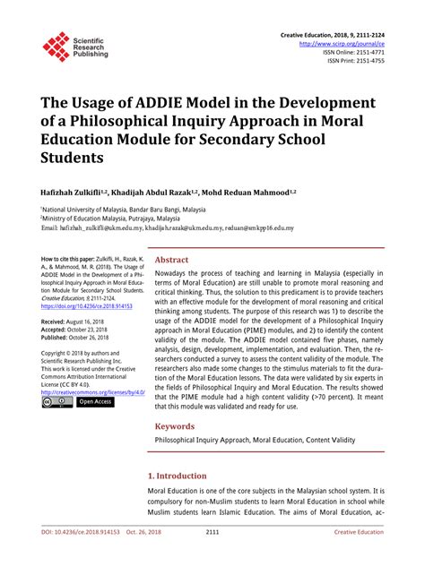 Pdf The Usage Of Addie Model In The Development Of A Philosophical