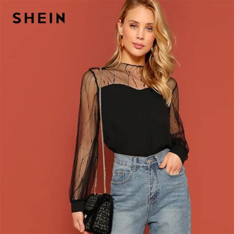 Buy Shein Black Sheer Contrast Mesh Yoke Sweetheart