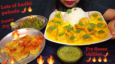 Eating Lots Of Kadhi Pakoda Potato Fry Indian Eating Show Kadi