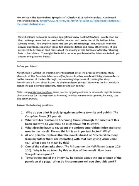Metamaus Interview Worksheet With Metafiction Definition Pdf