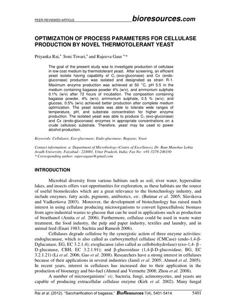 Pdf Optimization Of Process Parameters For Cellulase Production By