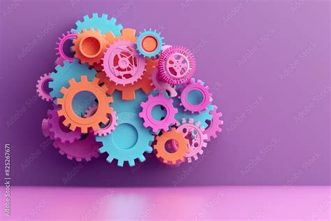Colorful Gears Within A Cloud Shape On A Purple Background Representing Cloud Computing