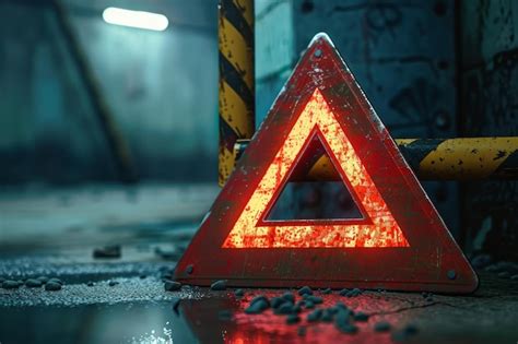 Illuminated Warning Triangle On Wet Road Premium Ai Generated Image