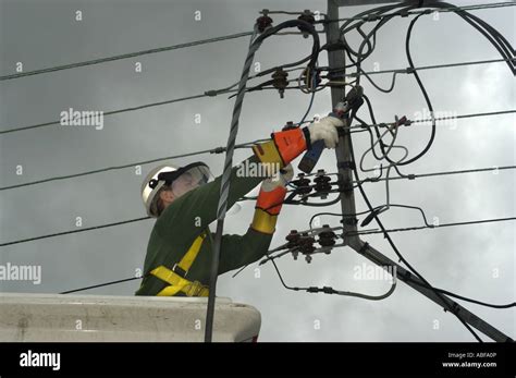 Western Power Distribution Engineer Repairs Overhead Power Cable After Overloaded Lorry Pulls