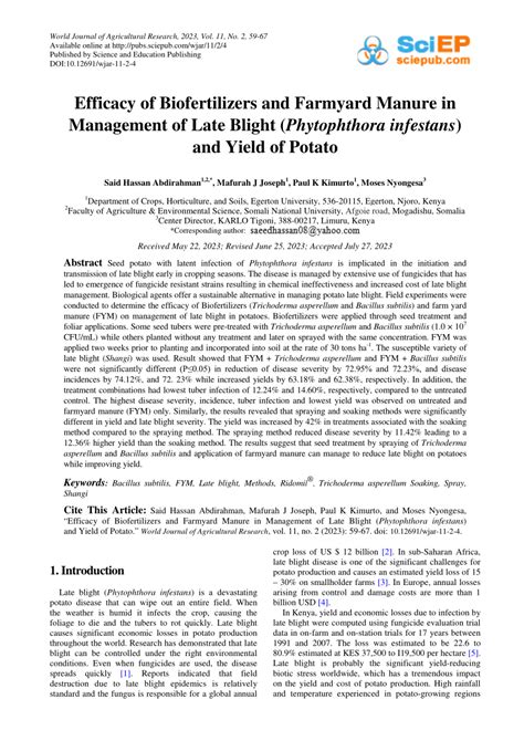 (PDF) Efficacy of Biofertilizers and Farmyard Manure in Management of Late Blight (Phytophthora ...