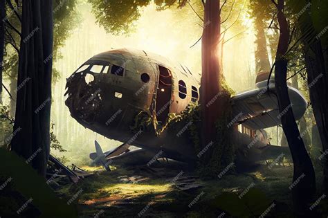 Premium Ai Image Plane Wreck Among Towering Trees With Sunlight