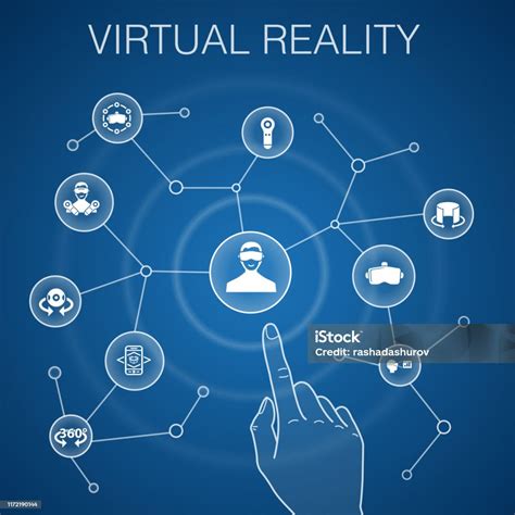 가상 현실 개념 파란색 배경 Vr 헬멧 증강 현실 360a 보기 Vr 컨트롤러 아이콘 에 대한 스톡 벡터 아트 및 기타