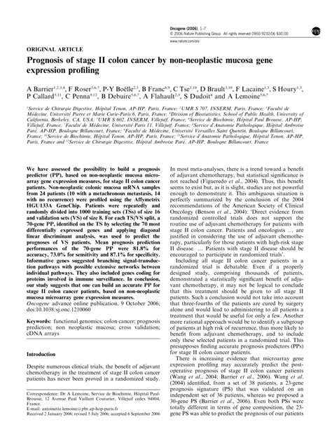 Pdf Prognosis Of Stage Ii Colon Cancer By Non Neoplastic Mucosa Gene