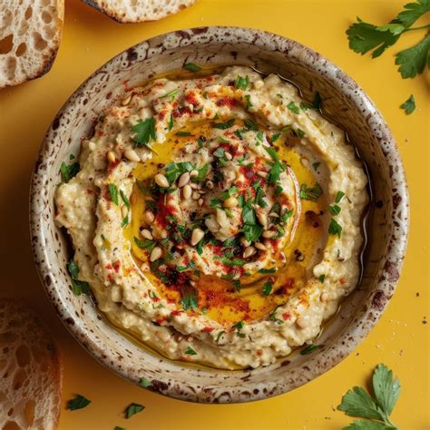 Premium Photo Closeup Of Creamy Hummus With Pine Nuts Olive Oil And