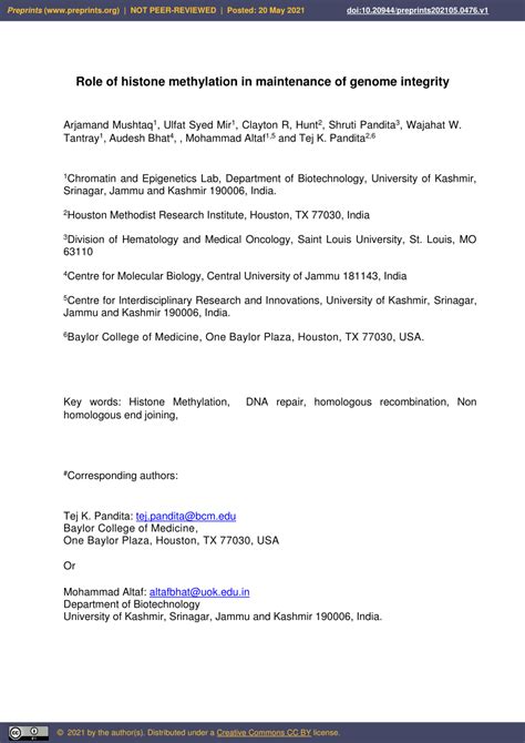 Pdf Role Of Histone Methylation In Maintenance Of Genome Integrity