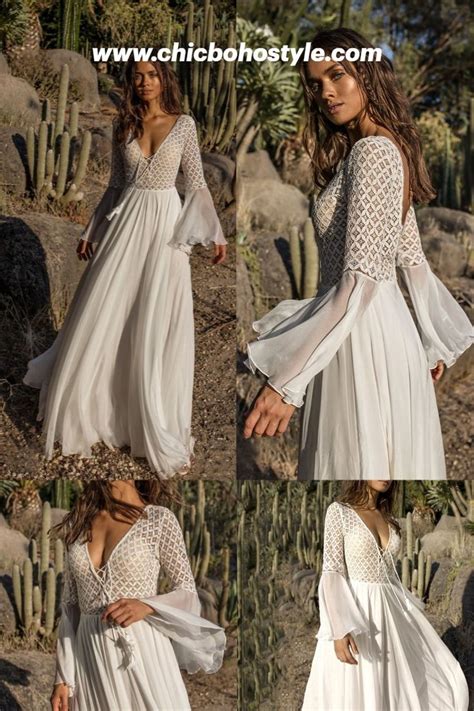 Long Flare Sleeve V Neck White Hollow Lace Maxi Dress Chicbohostyle