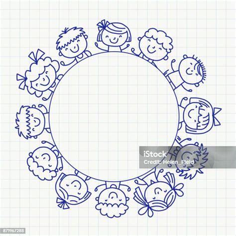 아이 들 학교 유치원과 프레임입니다 행복 한 아이 들 창의력 상상력 낙서 아이콘 아이 들과 함께입니다 재생 하 고 연구 하 고