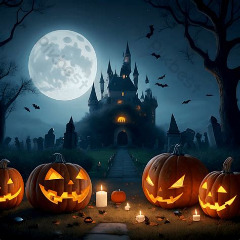 Halloween Background With Scary Pumpkins Candles In The Graveyard At