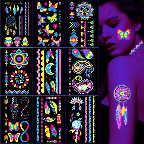 Buy Neon Temporary Tattoo 120 Assorted Designs Glow In The Dark Neon