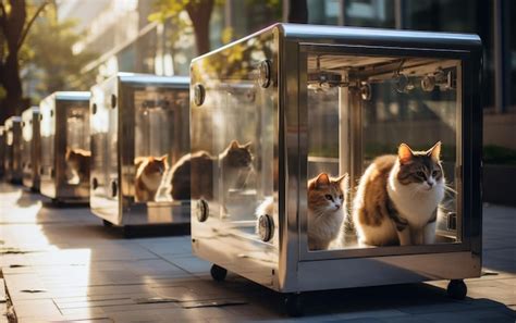 A Group Of Cats Lounging Inside A Metallic Enclosure Premium Ai