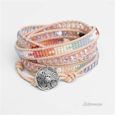 Leather Wrap Beaded Bracelet Boho Bohemian Wrap Bracelet Pink