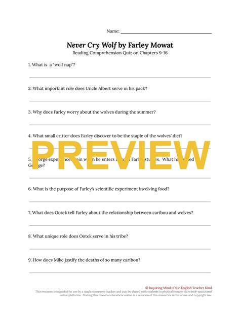 Never Cry Wolf By Farley Mowat Quiz On Chs 9 16 Teaching Resources