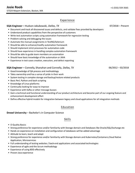 Sqa Engineer Resume Samples Velvet Jobs