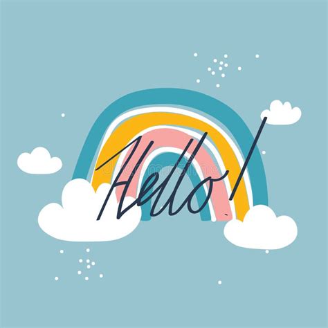 Hand Drawn Illustration With Rainbow Clouds English Text Hello