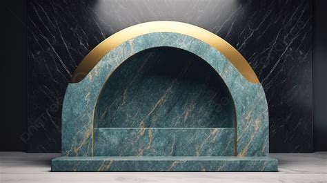 금색과 파란색 장식이 있는 돌 제단의 3d 렌더링 화강암에 3d 렌더링 연단 골드 아치가 있는 파란색과 녹색 대리석 배경 배경 일러스트 및 사진 무료 다운로드