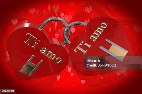 레드 심장의 3d 모델 이탈리아 구문 Ti Amo 함께 잠긴 자물쇠 모양 3d 금 각 통제 배경에서 두 빨간색 3d 마음은