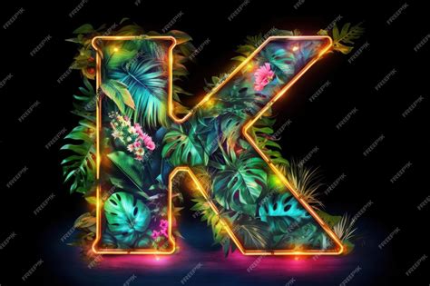 Premium Ai Image A Neon Letter K With Tropical Leaves On A Black