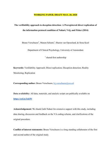 Pdf The Verifiability Approach To Deception Detection A Preregistered Direct Replication Of