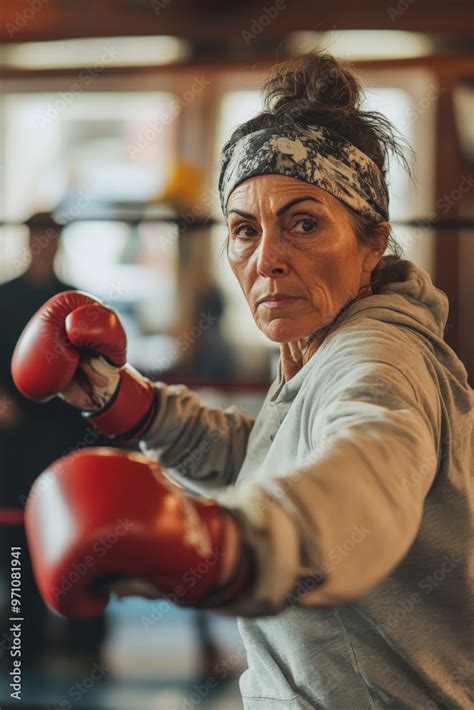 A Middle Aged Female Boxer With A Fierce Expression Practices Her