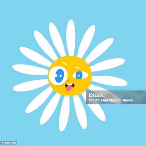 귀여운 데이지 꽃 캐릭터 카모마일의 펑키한 노란색 얼굴 여름 정원 꽃 0명에 대한 스톡 벡터 아트 및 기타 이미지 0명