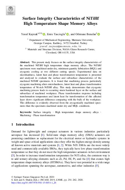 Pdf Surface Integrity Characteristics Of Nitihf High Temperature Shape Memory Alloys