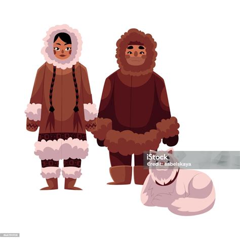 썰매 개로 따뜻한 겨울 옷 에스키모 이누이트 몇 2명에 대한 스톡 벡터 아트 및 기타 이미지 2명 갈색 개 Istock