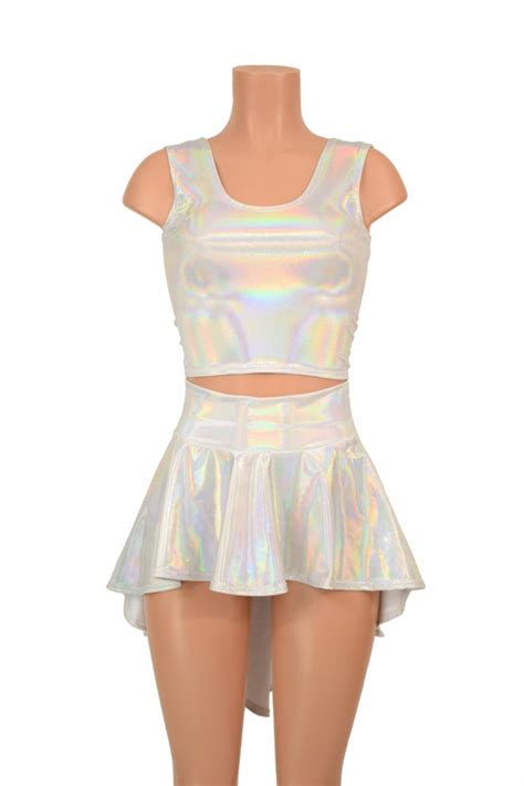 3pc Rave Outfit Flashbulb Holographic Crop Tank Hi Lo Skirt And Etsy