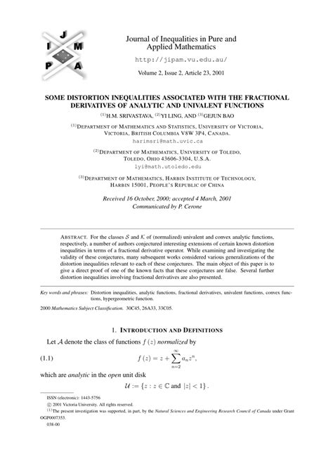 Pdf Some Distortion Inequalities Assotiated With The Fractional Drivatives Of Analytic And