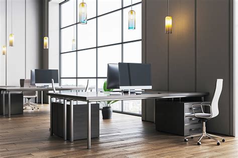 커다란 창문 현대적인 가구 나무 바닥이 있는 현대적인 빈 사무실 인테리어 3d 렌더링 3d 렌더링 0명에 대한 스톡 사진 및 기타 이미지 Istock