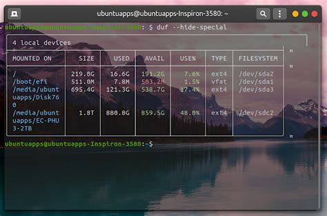 duf ディスク使用量や空き容量を表形式で表示するコマンドラインツール Ubuntuアプリのいいところ
